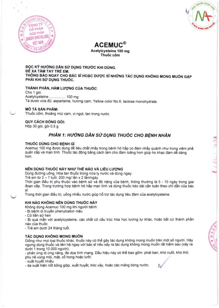 Thuốc ho Acemuc 100mg: Công dụng, liều dùng, giá bán