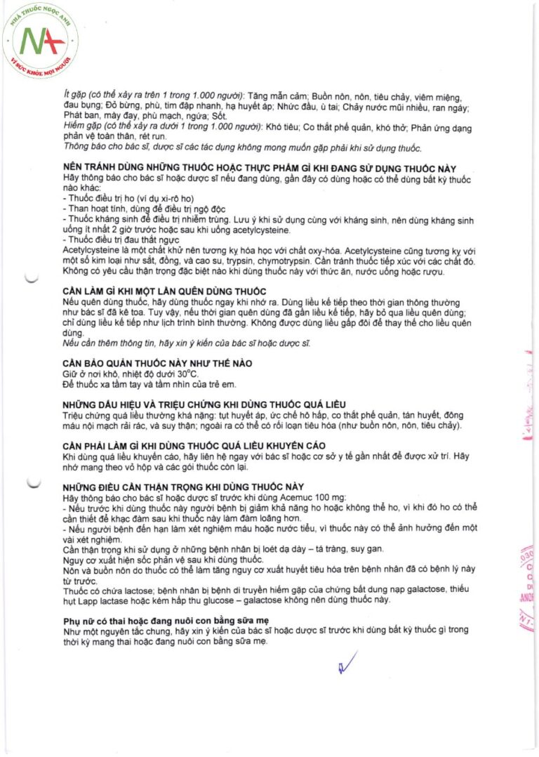 Thuốc ho Acemuc 100mg: Công dụng, liều dùng, giá bán