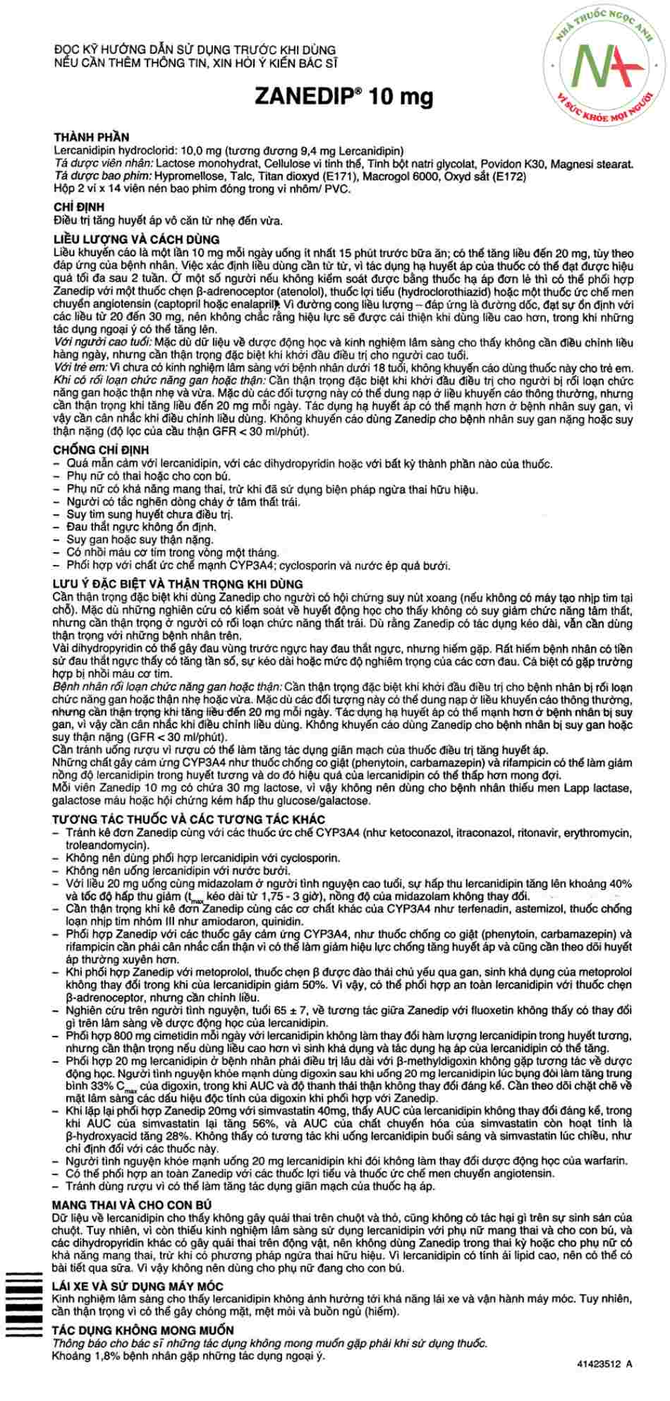 Thuốc Zanedip 10mg: Công dụng, liều dùng, tác dụng phụ, giá bán