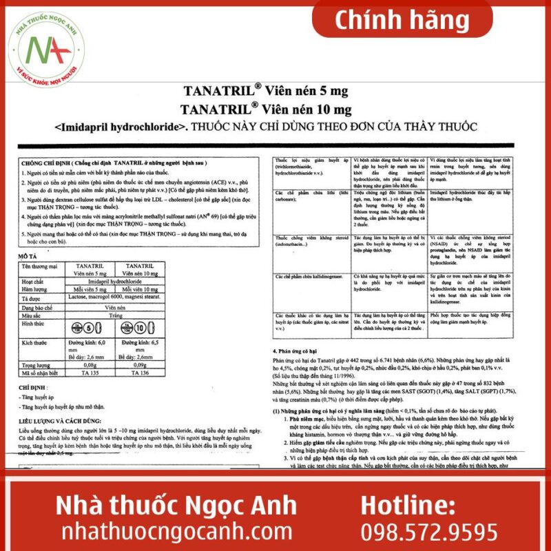 Thuốc Tanatril Tablets 5mg: Công dụng, liều dùng, lưu ý, giá bán