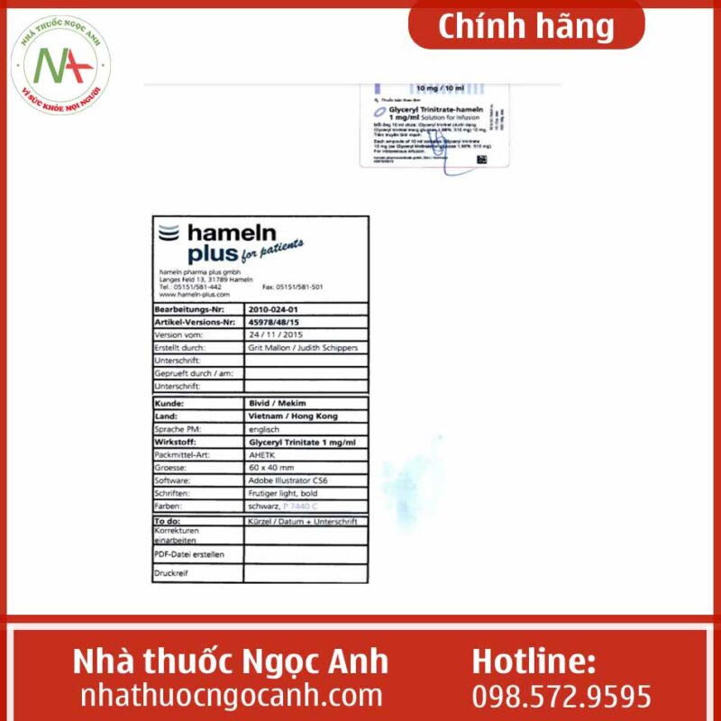 Thuốc tiêm Glyceryl Trinitrate-hameln 1mg/ml giá bao nhiêu, mua ở đâu