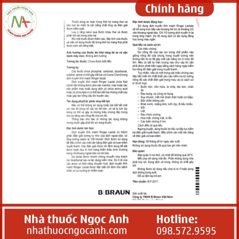 Thuốc Ringer Lactate: Công dụng, liều dùng, lưu ý tác dụng phụ