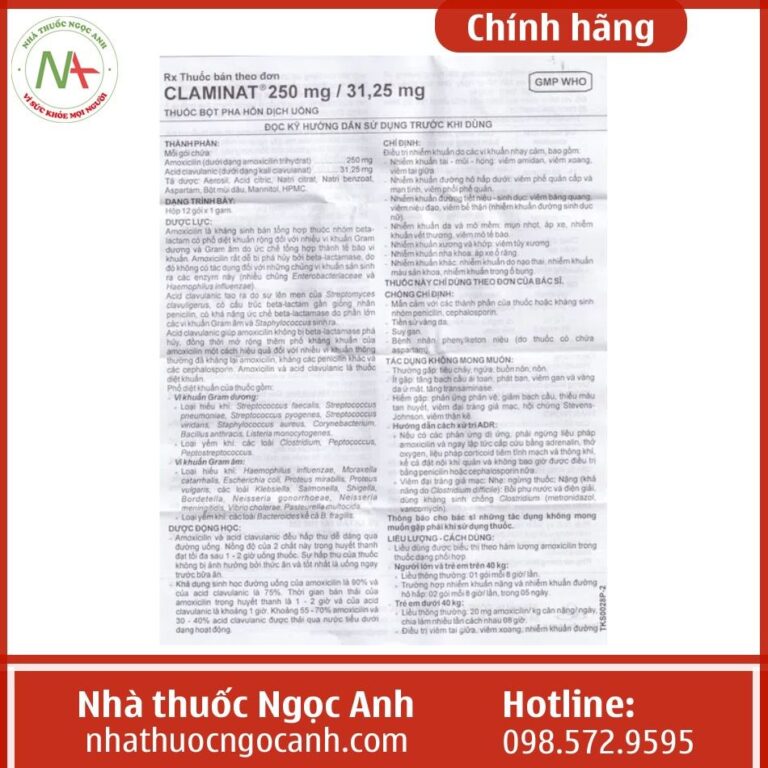 Thuốc pms-Claminat 250mg/31,25mg: Công dụng, liều dùng, lưu ý