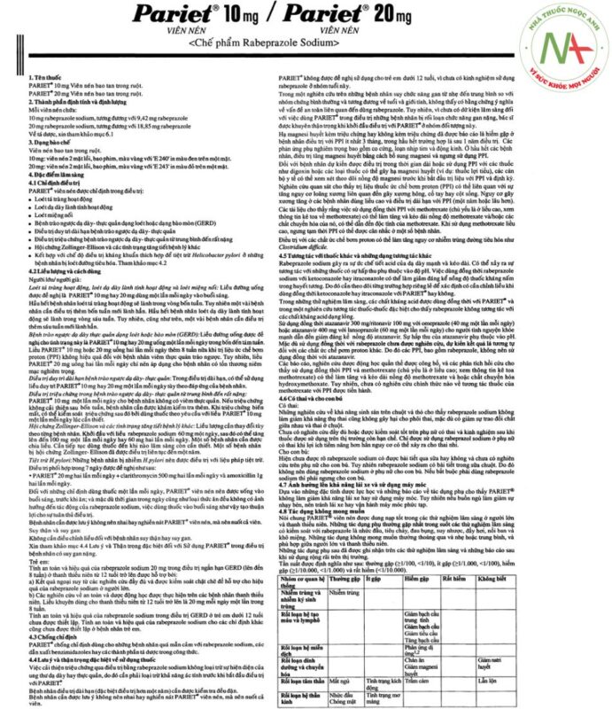 Thuốc Pariet 20mg:tác dụng, liều dùng, lưu ý tác dụng phụ, giá bán