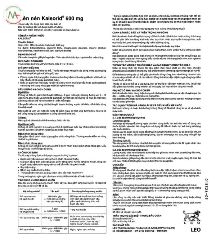 Thuốc Kaleorid 600mg có tác dụng gì, giá bao nhiêu, mua ở đâu?