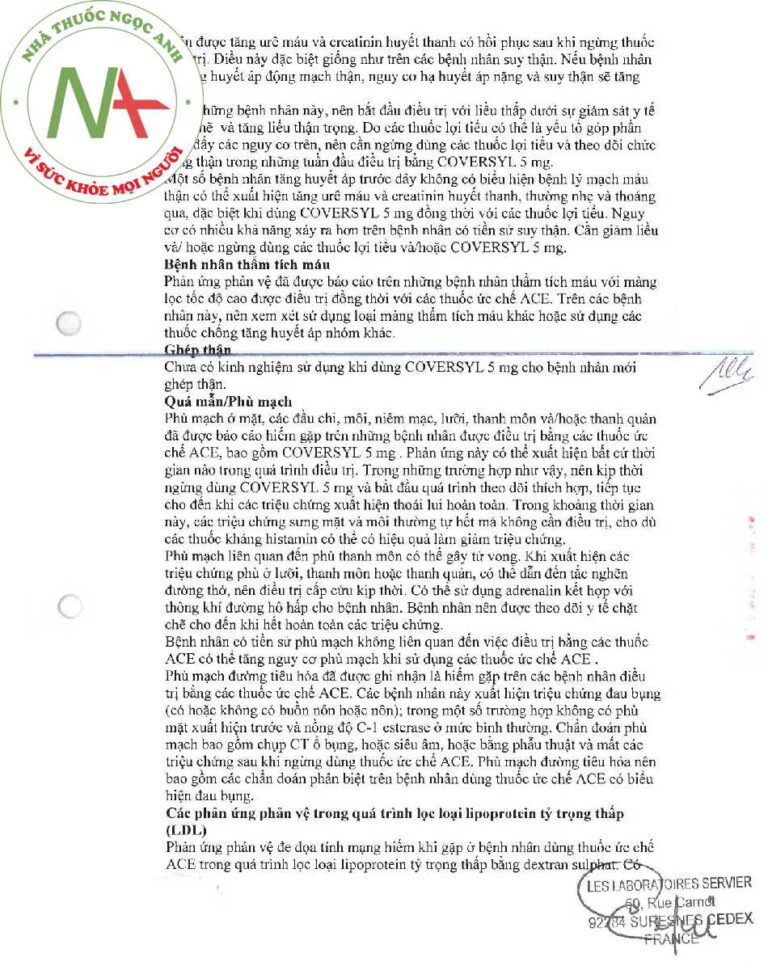 Thuốc Coversyl 5mg: Công dụng, liều dùng, tác dụng phụ,