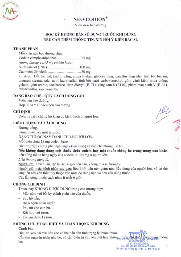 Thuốc ho Neo-Codion Việt Nam có tác dụng gì, dùng cho đối tượng nào?