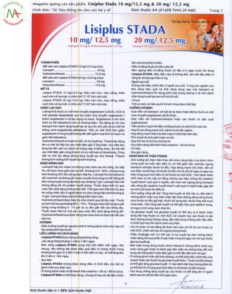 Thuốc Lisiplus Stada 20mg/12,5mg: tác dụng, liều dùng, lưu ý tác dụng ...