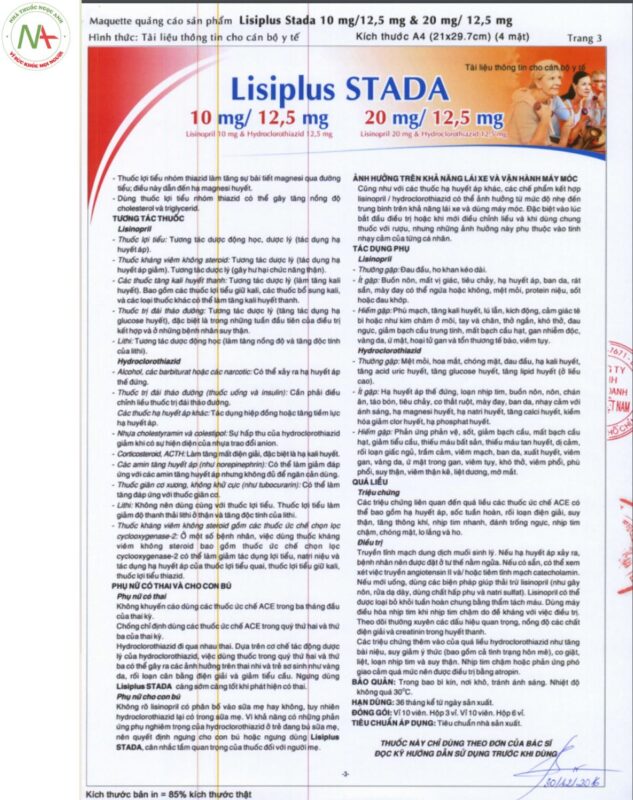 Thuốc Lisiplus Stada 20mg/12,5mg: tác dụng, liều dùng, lưu ý tác dụng ...