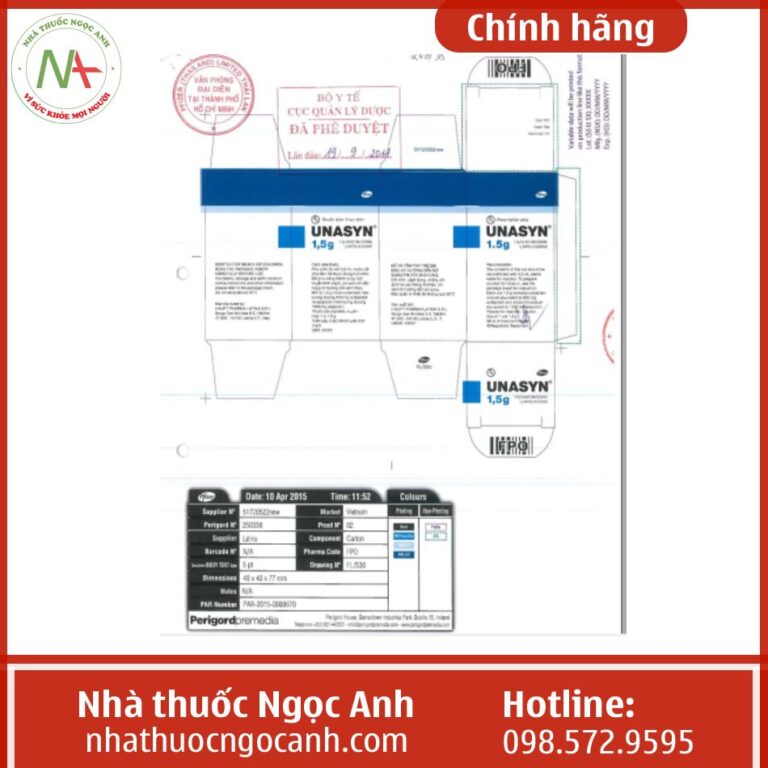 Thuốc tiêm Unasyn 1,5g: Công dụng, liều dùng, lưu ý tác dụng phụ