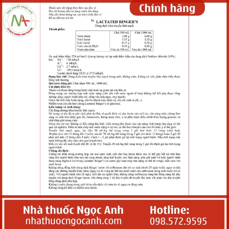 Thuốc Lactated ringer’s Otsuka: Công dụng, giá bán, mua ở đâu?