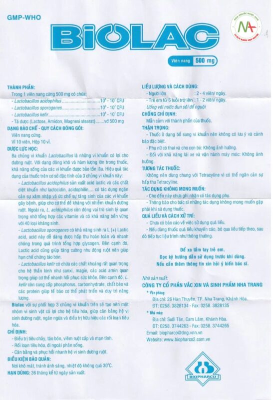 Thuốc Biolac Capsules 500mg Biopharco giá bao nhiêu, mua ở đâu?
