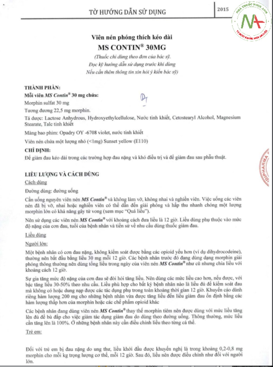 Thuốc MS Contin 30mg: Công dụng, mua ở đâu, giá bao nhiêu?