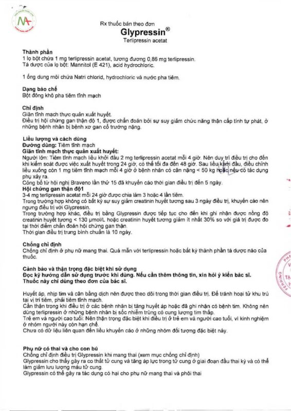 Thuốc Glypressin 1mg/5ml cơ chế, liều dùng, giá bao nhiêu, mua ở đâu