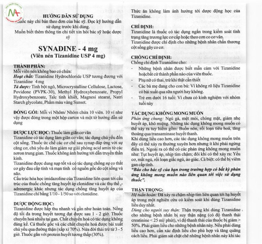 Thuốc Synadine - 4 mg có tác dụng gì, giá bao nhiêu, mua ở đâu?