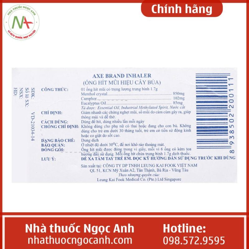 Ống hít mũi hiệu Cây Búa Axe Brand Inhaler là thuốc gì, mua ở đâu, giá ...