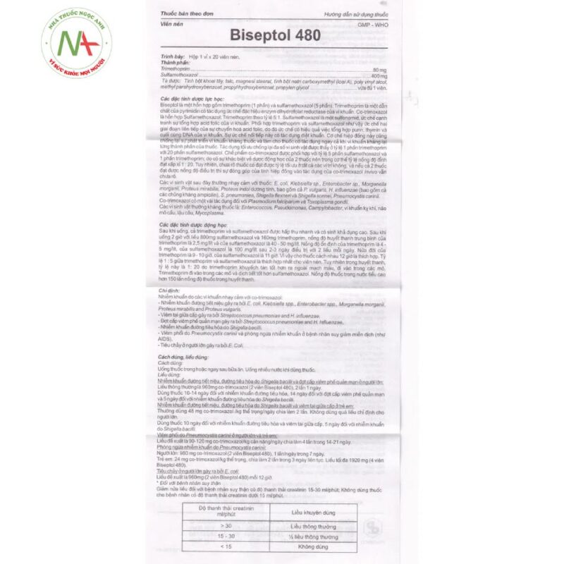 Thuốc Biseptol 480mg: Công dụng, liều dùng, giá bán, mua ở đâu