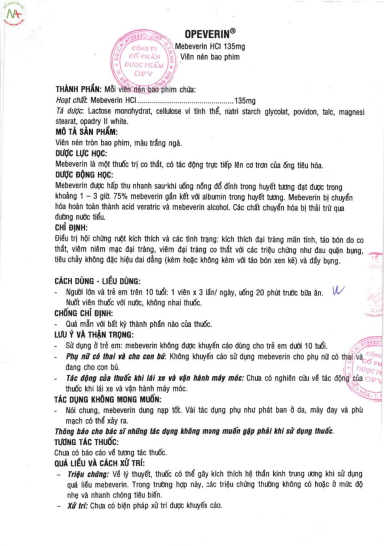 Thuốc Opeverin Mebeverine 135mg là thuốc gì, giá bao nhiêu, mua ở đâu