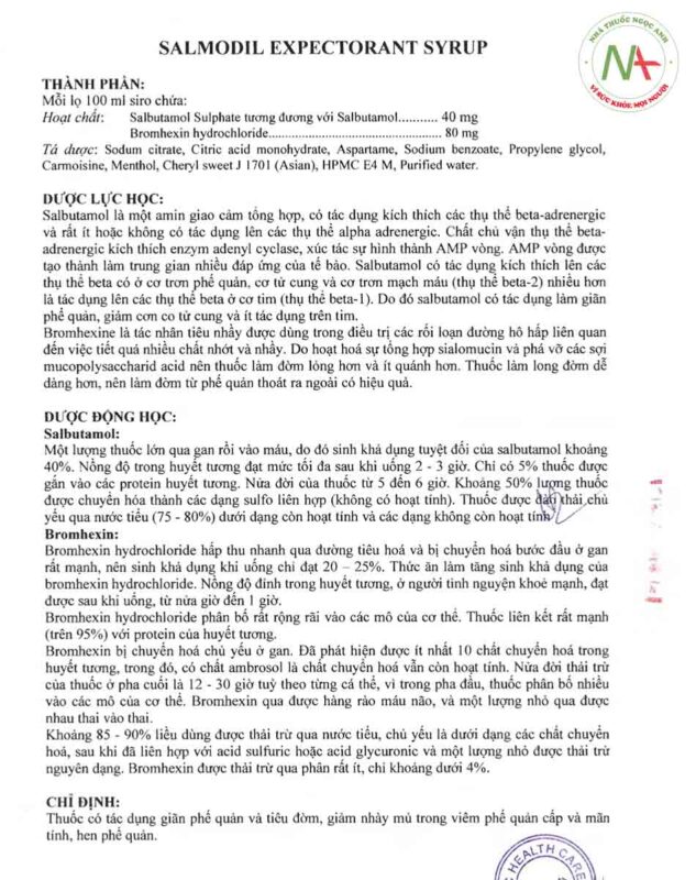 Thuốc Salmodil Expectorant Syrup là thuốc gì, giá bao nhiêu, mua ở đâu?