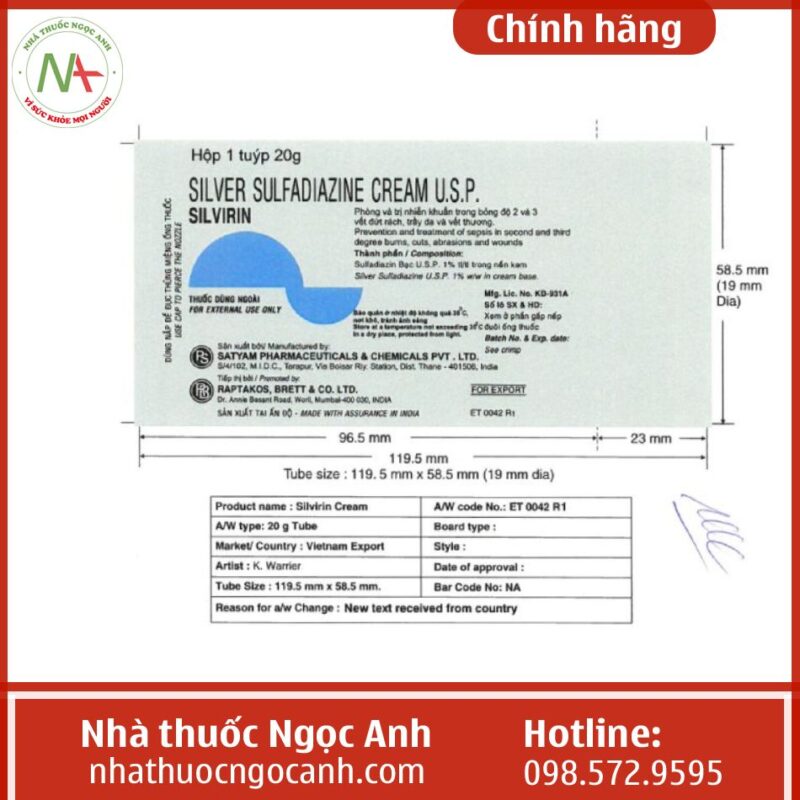 Thuốc Silvirin 20g Silver Sulfadiazine Cream U.S.P giá bao nhiêu, mua ở đâu