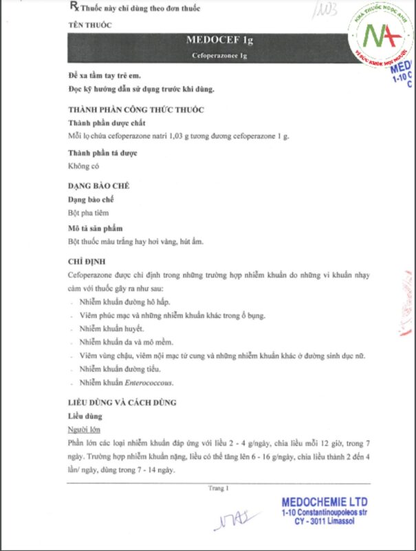 Thuốc Medocef 1g có tác dụng gì, mua ở đâu, giá bao nhiêu?