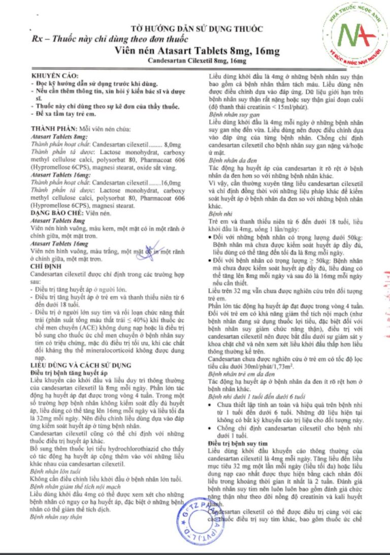 Thuốc Atasart Tablets 8mg là thuốc gì, mua ở đâu, giá bao nhiêu?