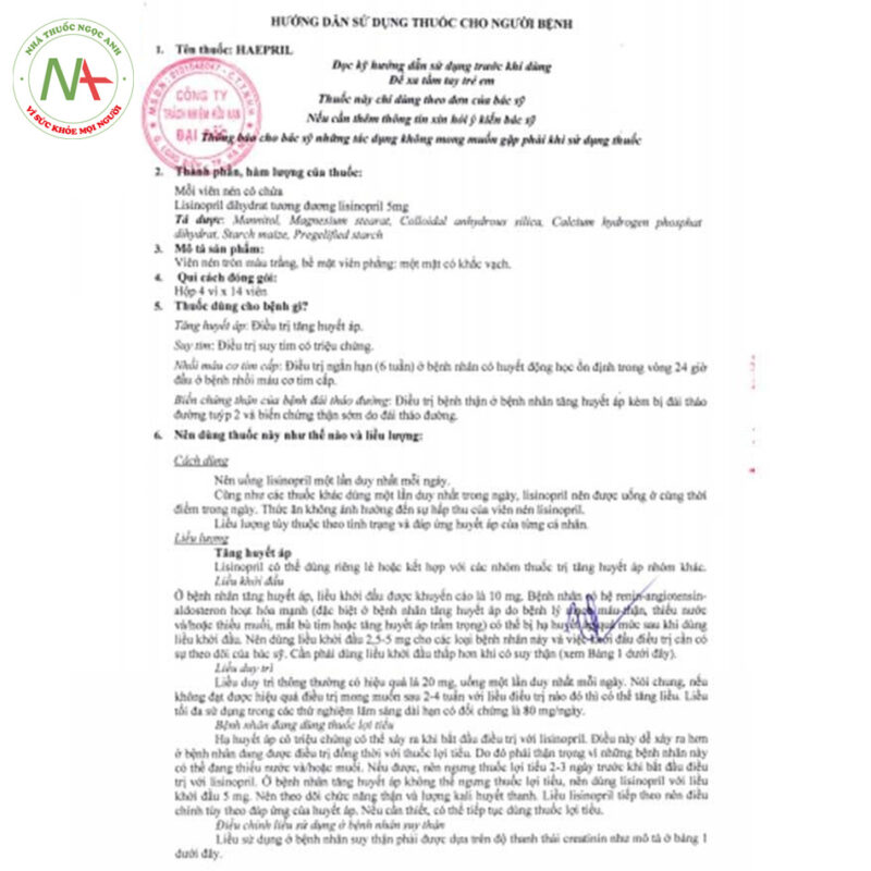 [CHÍNH HÃNG] Thuốc Haepril 5mg có tác dụng gì? Giá bao nhiêu?