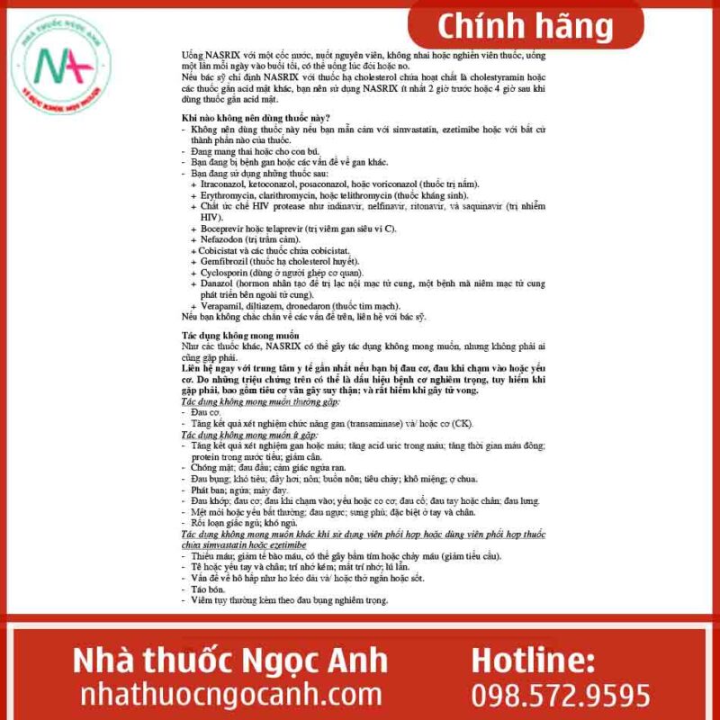 [CHÍNH HÃNG] Thuốc Nasrix điều trị bệnh tăng cholesterol, tăng lipid máu.