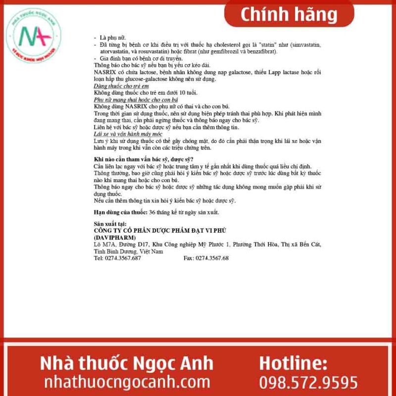 [CHÍNH HÃNG] Thuốc Nasrix điều trị bệnh tăng cholesterol, tăng lipid máu.