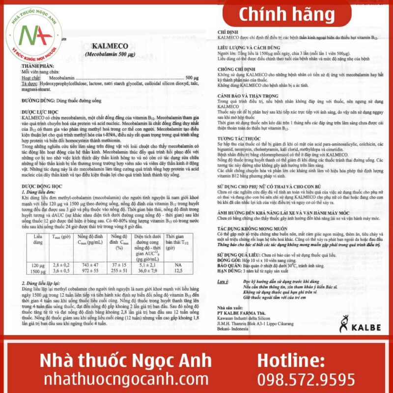 [CHÍNH HÃNG] Thuốc Kalmeco 500mcg: Công dụng, lliều dùng, giá bán