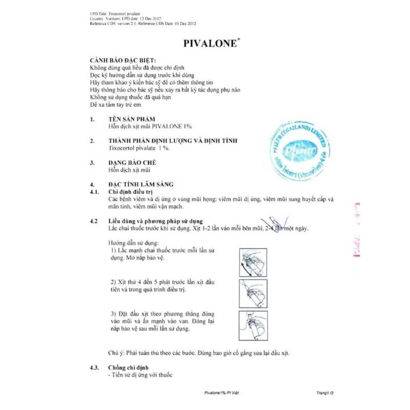 [Chính hãng] Thuốc xịt mũi Pivalone 1% công dụng, lưu ý.