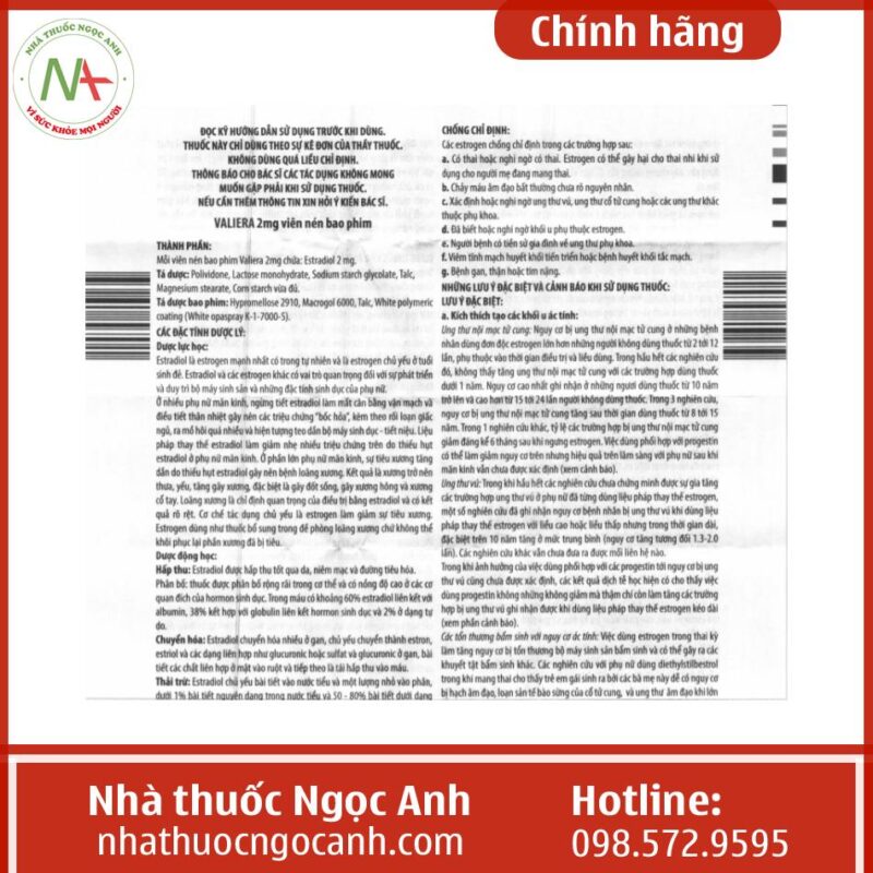 [CHÍNH HÃNG] Thuốc Valiera 2mg: Công dụng, liều dùng, giá bán