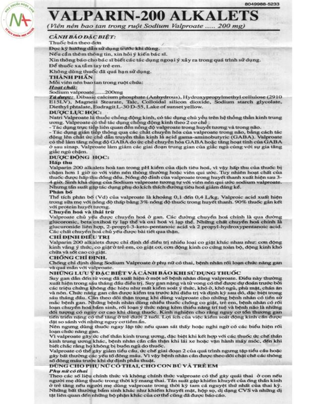 [CHÍNH HÃNG] Thuốc Valparin-200 Alkalets - Thuốc điều trị động kinh