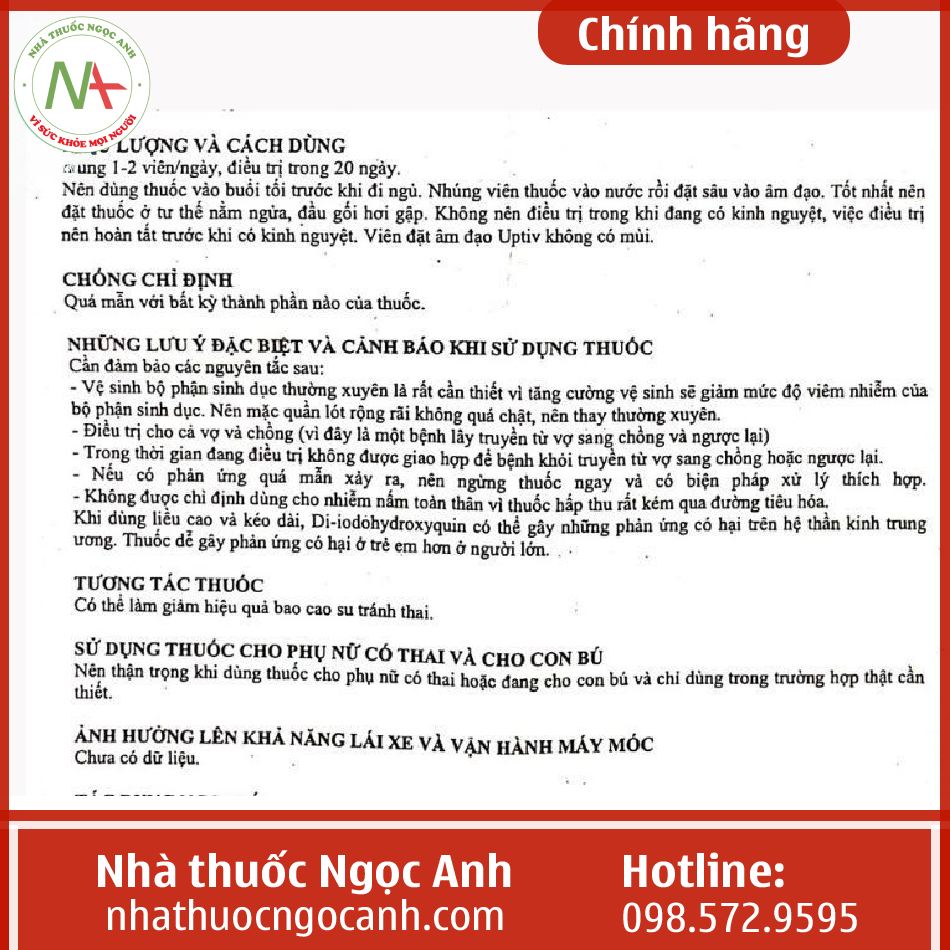 Thuốc đặt âm đạo Uptiv: Công dụng, liều dùng, giá bán