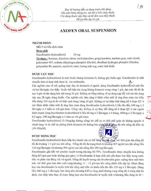 Thuốc Axofen oral suspension 50ml là thuốc gì, giá bao nhiêu, mua ở đâu