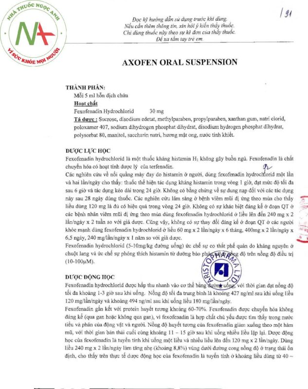 Thuốc Axofen oral suspension 50ml là thuốc gì, giá bao nhiêu, mua ở đâu