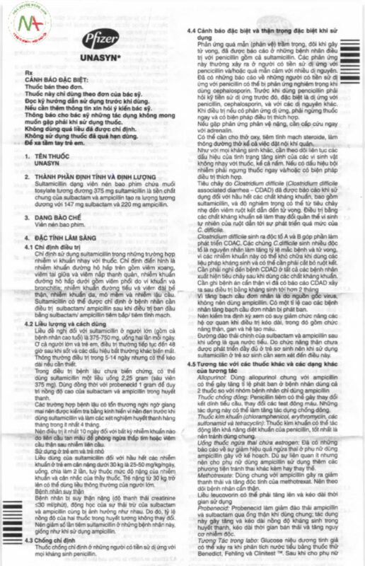 Thuốc Unasyn Sultamicillin 375mg là thuốc gì, giá bao nhiêu, mua ở đâu