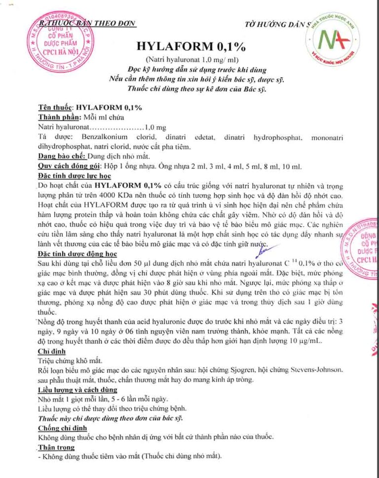 Thuốc nhỏ mắt Hylaform 0,1% 1ml có tác dụng gì, giá bao nhiêu, mua ở đâu