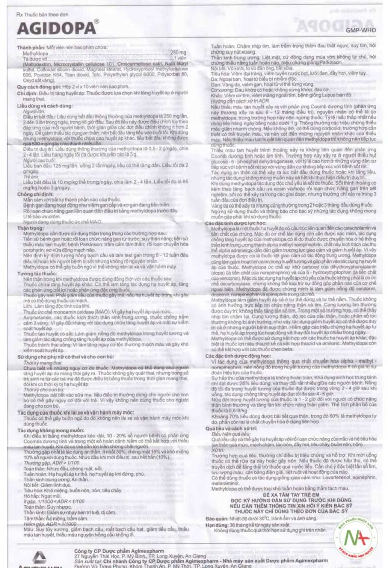 Thuốc Agidopa 250mg là thuốc gì, tác dụng phụ, giá bao nhiêu, mua ở đâu