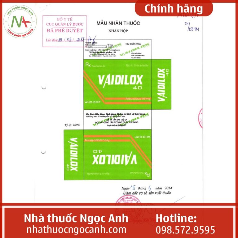 Thuốc Vaidilox Febuxostat 40mg là thuốc gì, giá bao nhiêu, mua ở đâu