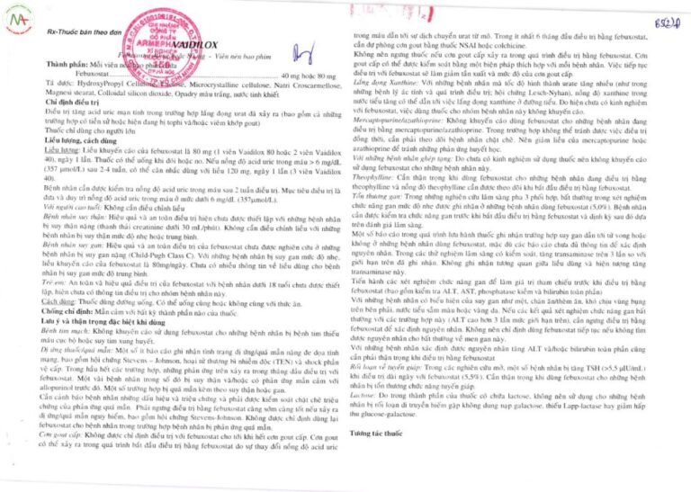 Thuốc Vaidilox Febuxostat 40mg là thuốc gì, giá bao nhiêu, mua ở đâu