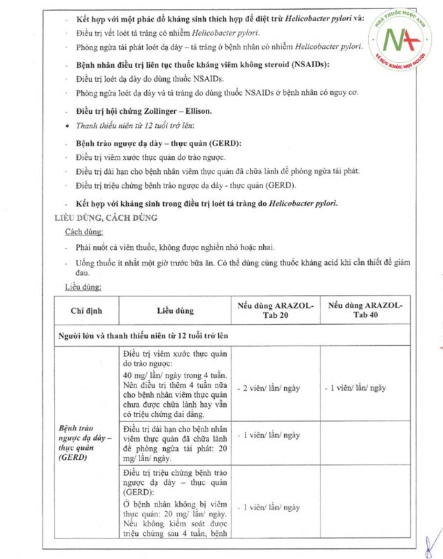 Thuốc Arazol-Tab 40 là thuốc gì, có tác dụng gì, giá bao nhiêu, mua ở đâu?