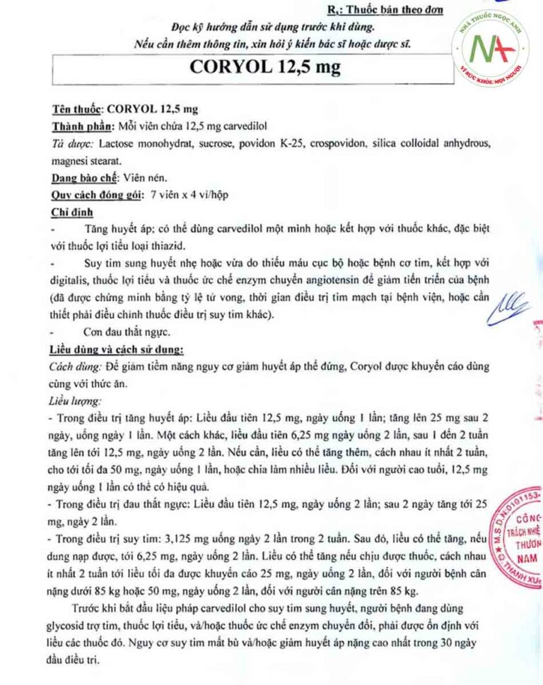 Thuốc Coryol 12.5mg tablets là thuốc gì, giá bao nhiêu, mua ở đâu