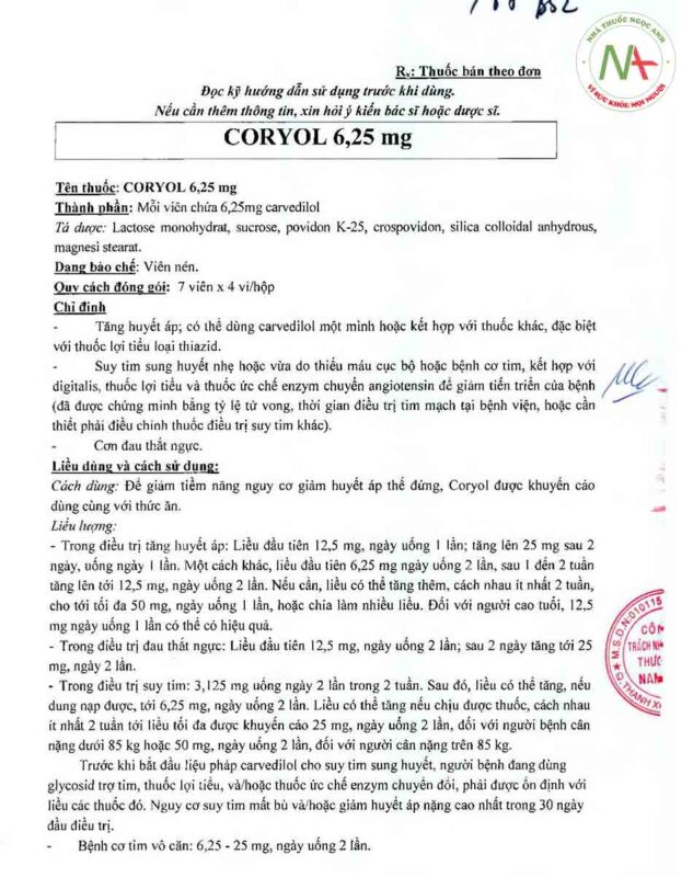 Thuốc Coryol 6.25mg tablets là thuốc gì, giá bao nhiêu, mua ở đâu