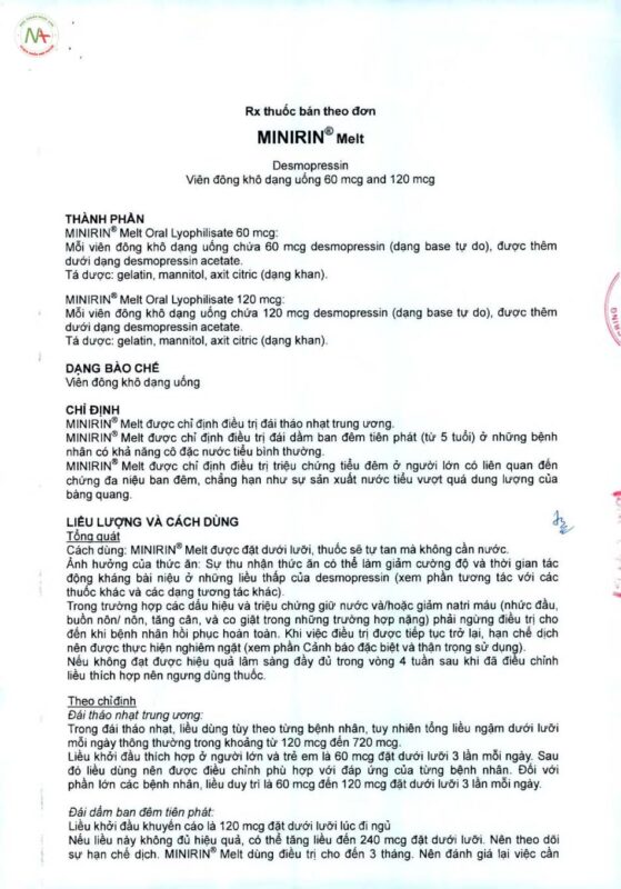 Thuốc Minirin Melt 60mcg là thuốc gì, giá bao nhiêu, mua ở đâu?