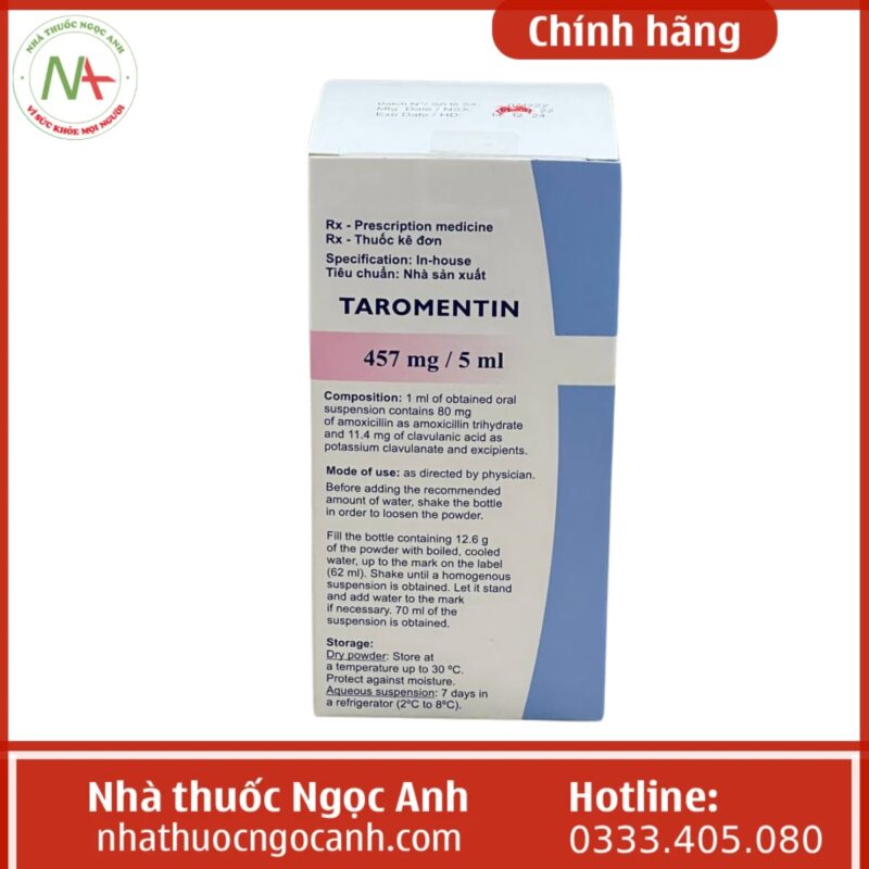 Thuốc Taromentin 457mg/5ml cách pha, mua ở đâu, giá bao nhiêu?