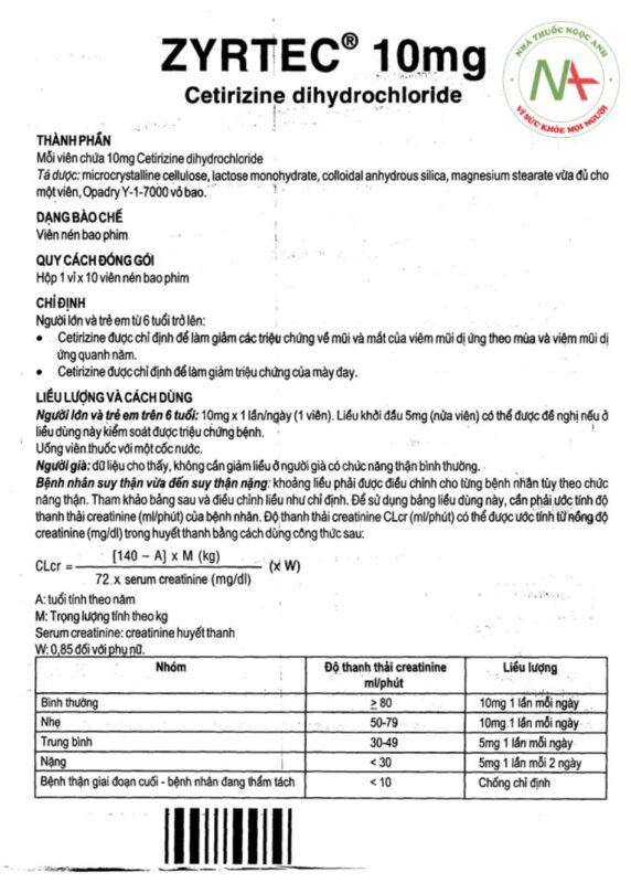 Thuốc Zyrtec 10mg là thuốc gì, liều dùng, giá bao nhiêu, mua ở đâu?
