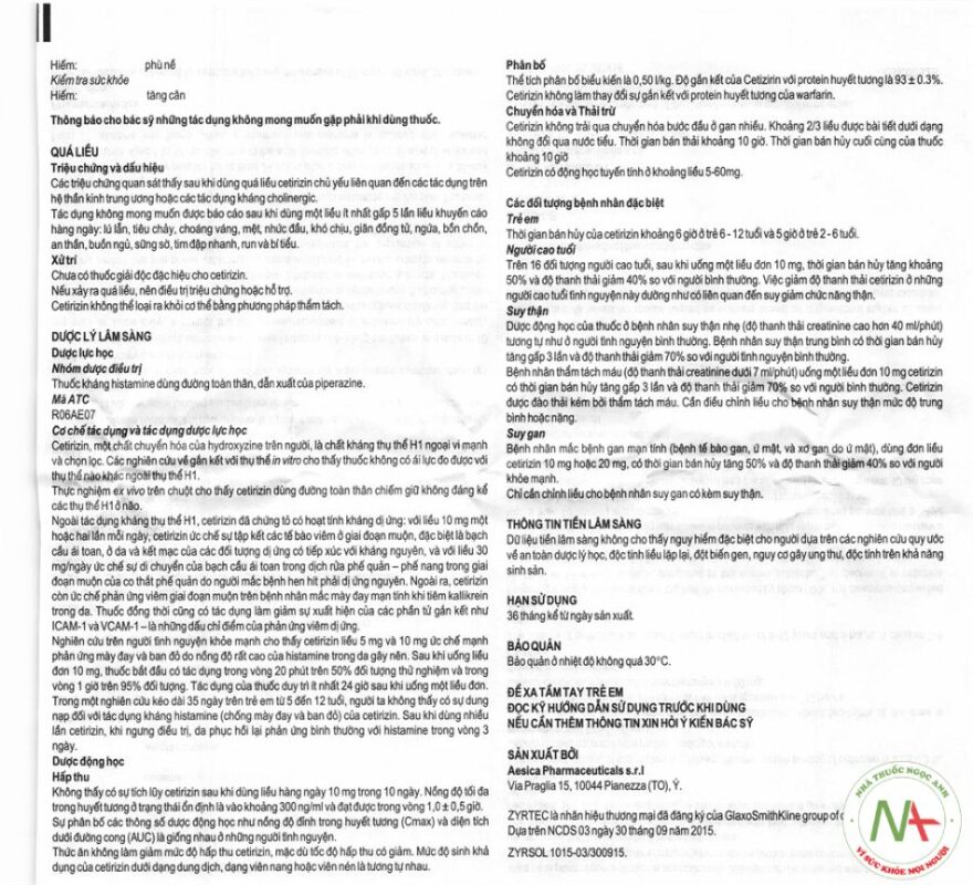 Thuốc Zyrtec Siro1mg/ml là thuốc gì, giá bao nhiêu, mua ở đâu?