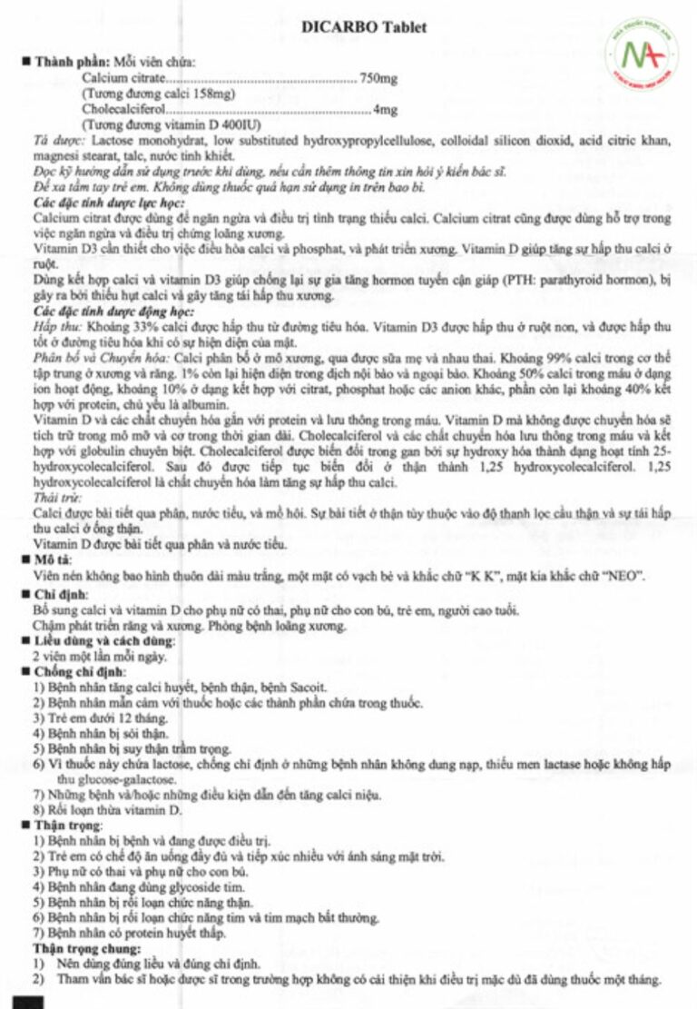 Thuốc Dicarbo Tablet 750mg là thuốc gì, giá bao nhiêu, mua ở đâu