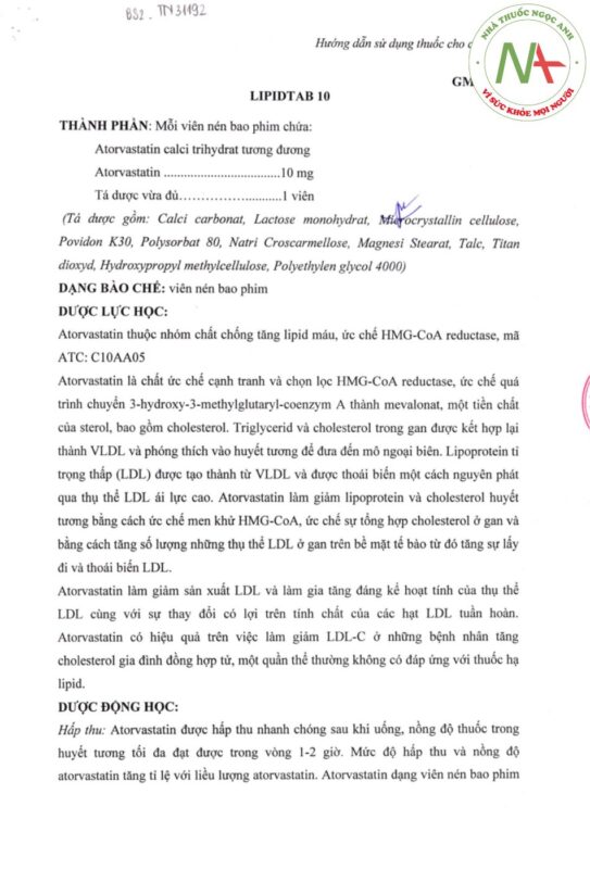 Thuốc Lipidtab 10 là thuốc gì, có tác dụng gì, mua ở đâu, giá bao nhiêu?